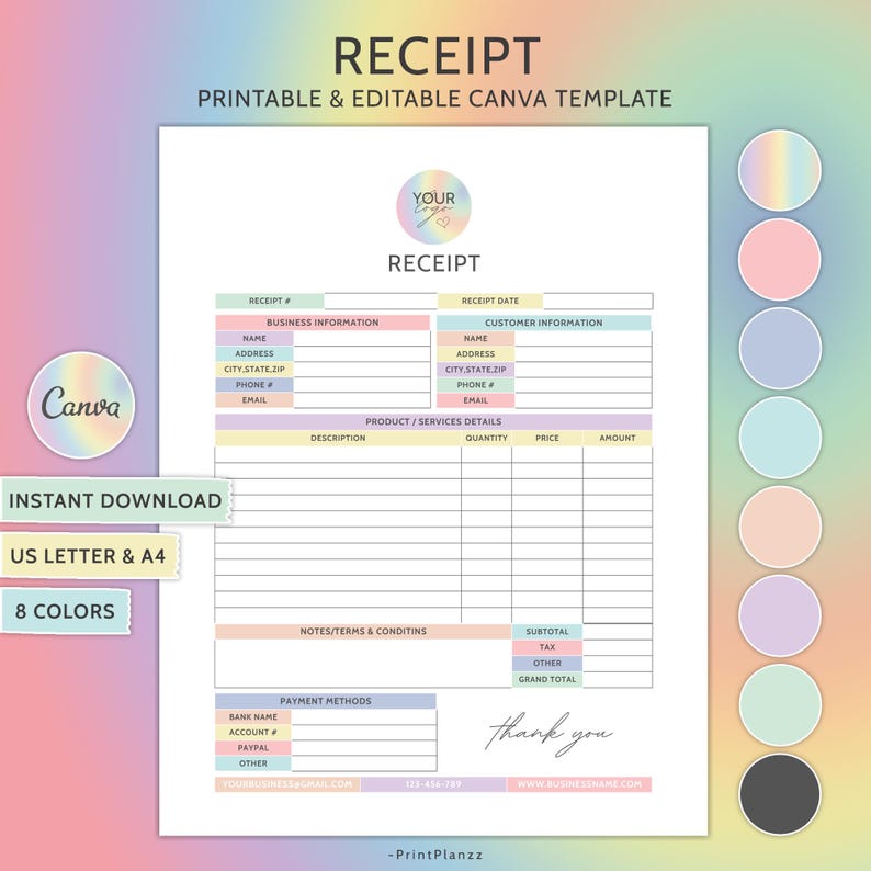 Editable Receipt Template Small Business Digital Receipt Form Customer ...