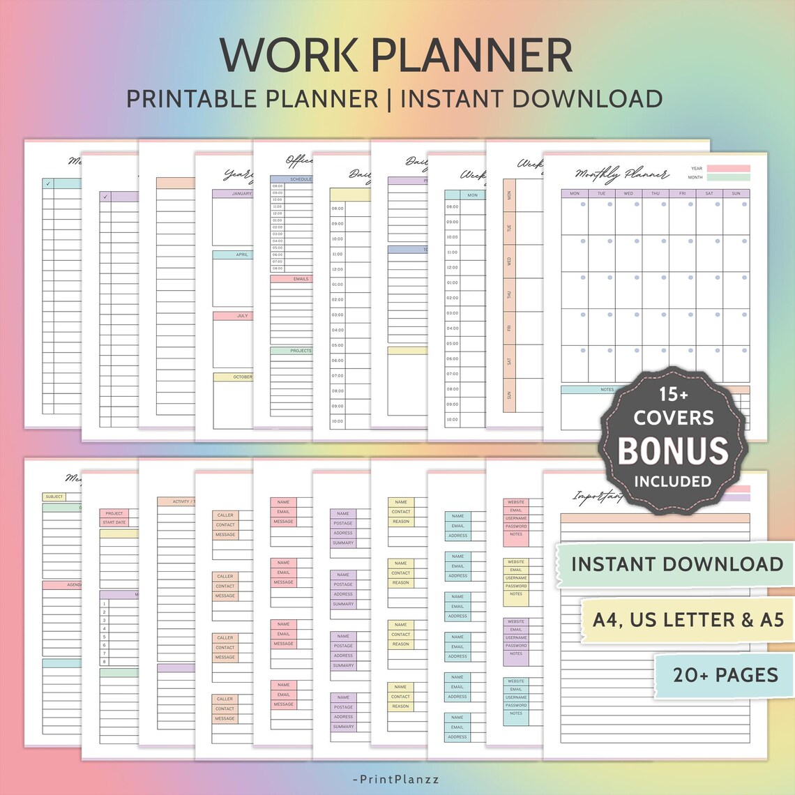 Work Planner Printable Office Planner PDF Work Day Planner Productivity ...
