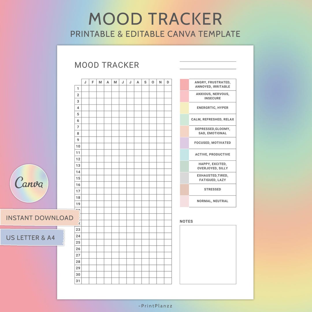 Mood Tracker Printable A Year in Pixels Mood Journal Emotion Tracker ...