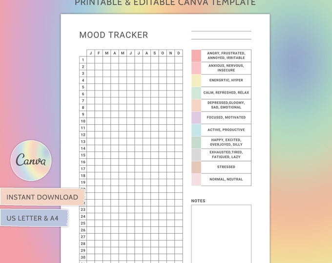 Mood Tracker Printable Daily Yearly Mood Journal, Mental Health ...