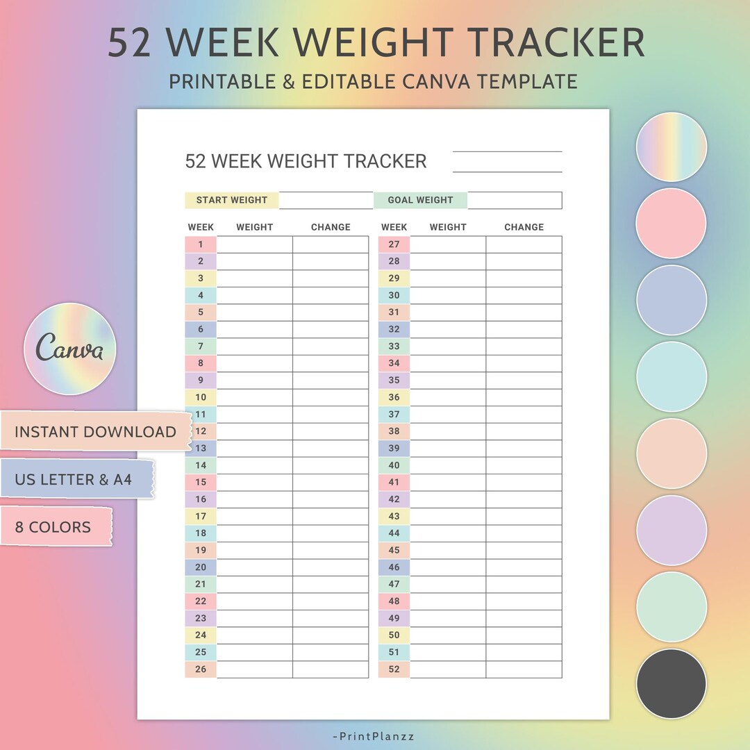 Weight Tracker Printable 52 Week Weight Tracker Canva Weight Loss ...