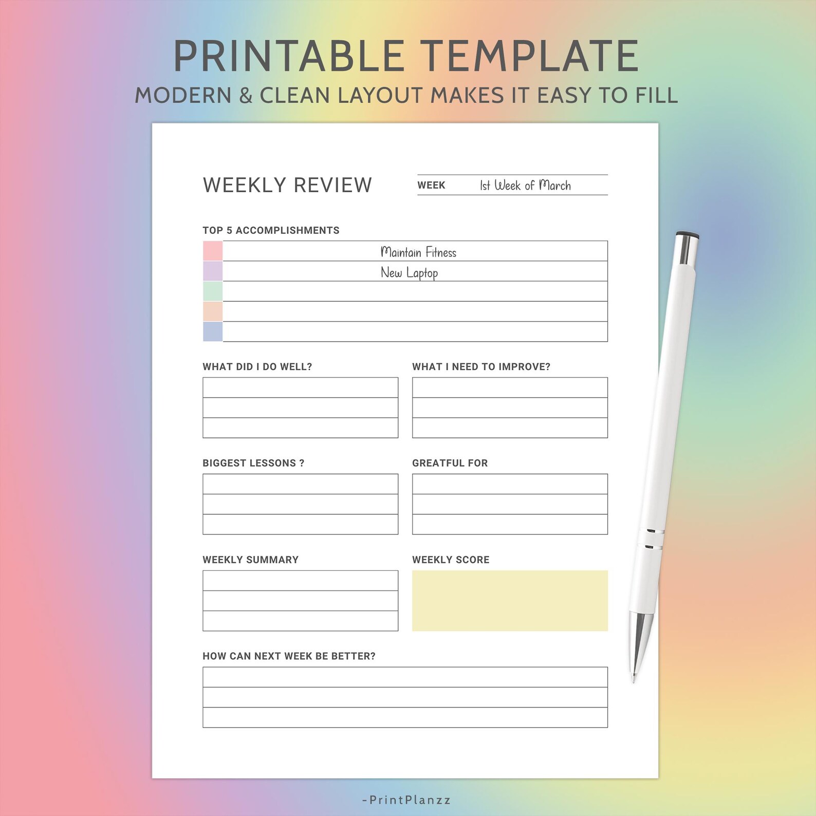 Weekly Review Printable Insert Template Weekly Reflection Journal Pages ...
