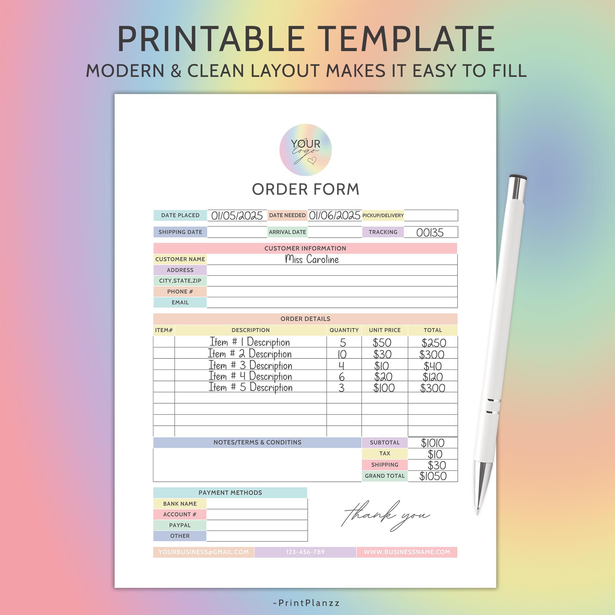 Order Form Template Editable Small Business Order Form Customer Order ...