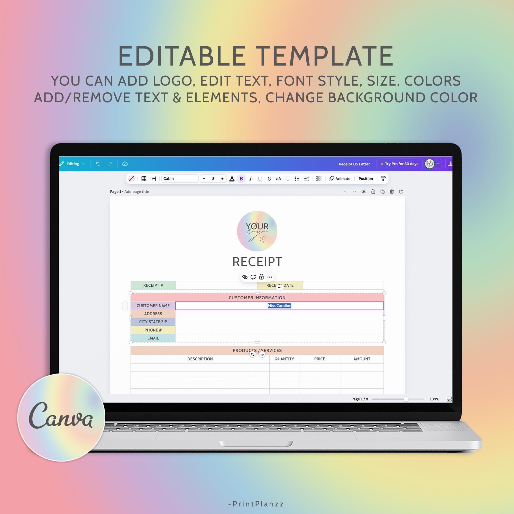 Editable Receipt Template Small Business Digital Receipt Form Customer ...