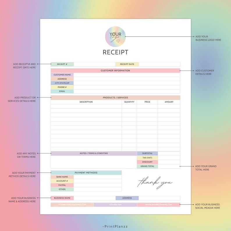 Editable Receipt Template Small Business Digital Receipt Form Customer ...