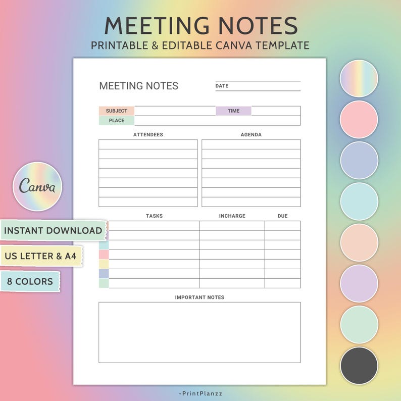 Meeting Notes Printable Meeting Minutes Template PDF Editable Meeting ...