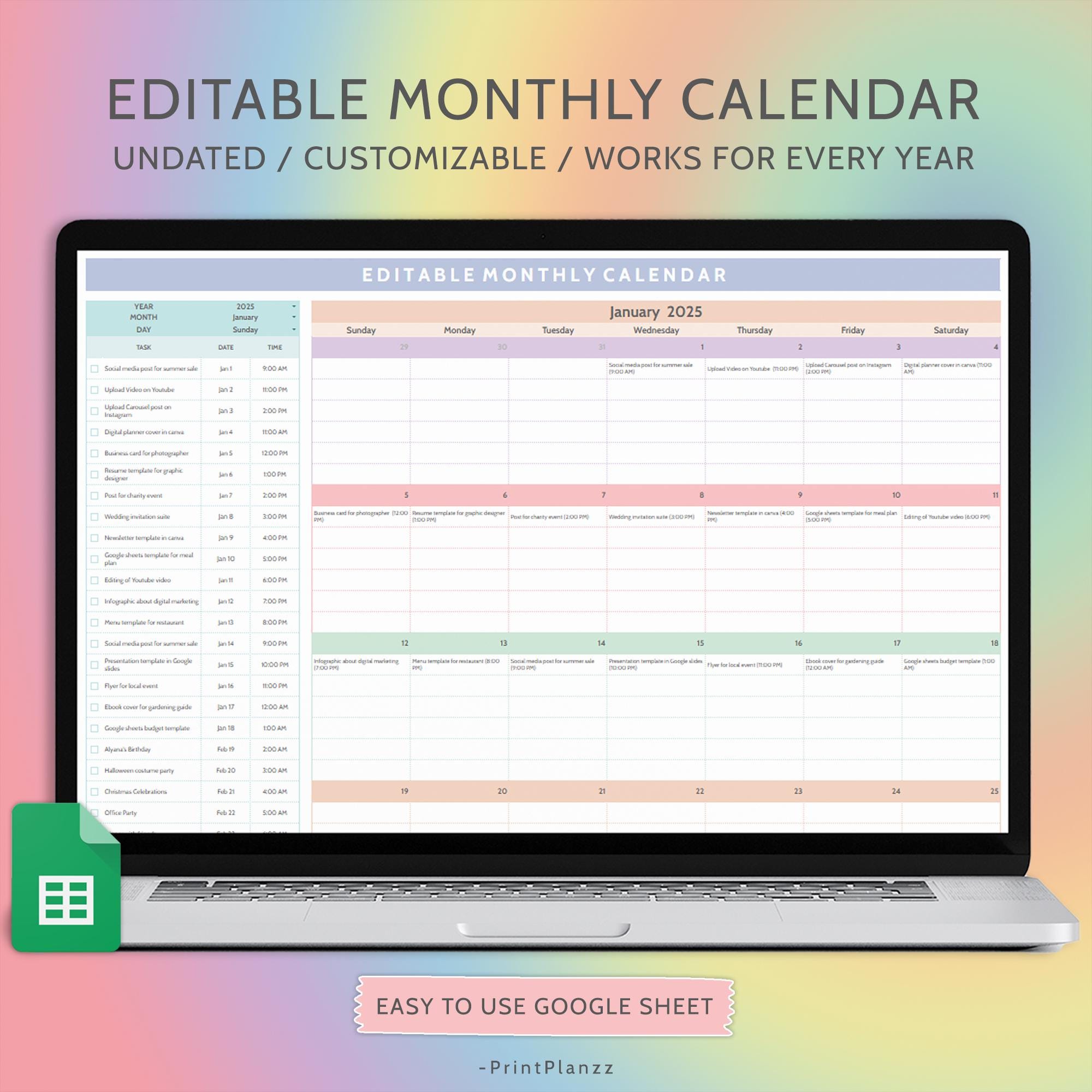 Monthly Calendar Spreadsheet Editable Monthly Calendar Google Sheet ...