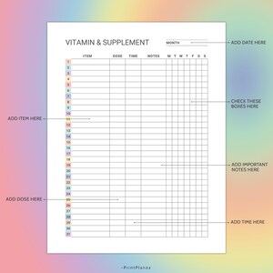 Daily Vitamin Tracker Supplement Tracker Editable Vitamin Supplement ...