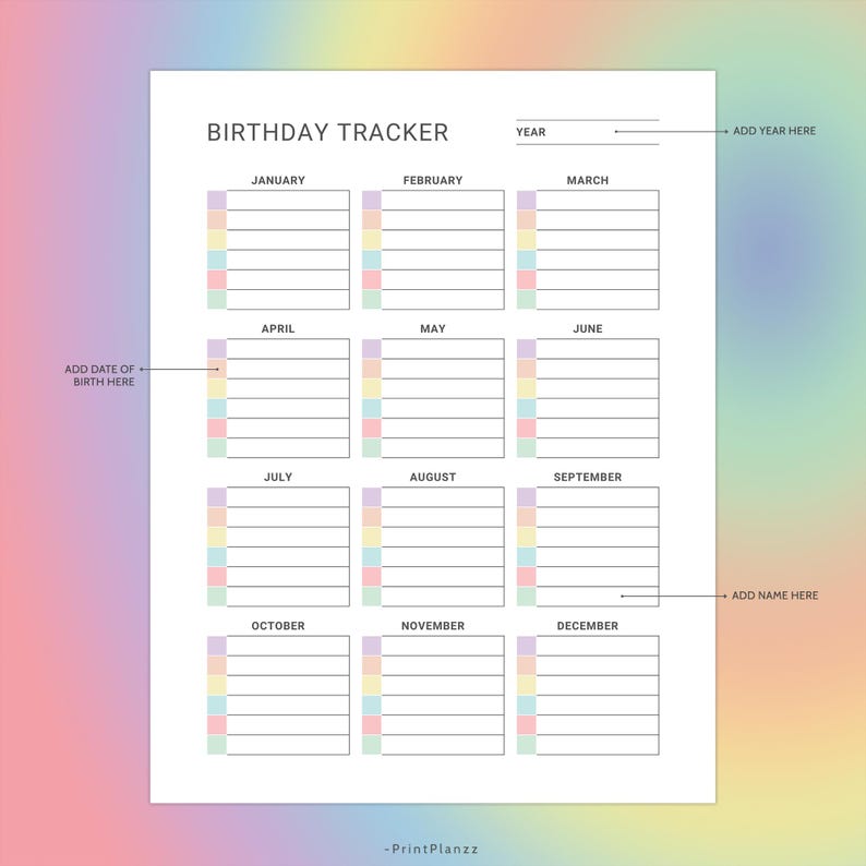 Birthday Tracker Printable Template Family Birthday Planner Editable ...