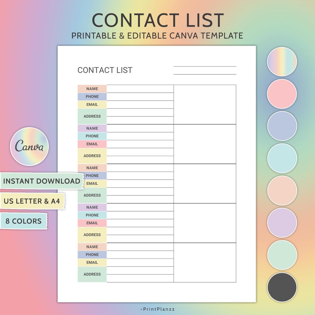 Contact List Template Canva Editable Contact List Template Editable ...