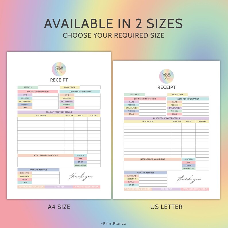 Editable Receipt Template Small Business Digital Receipt Form Customer ...
