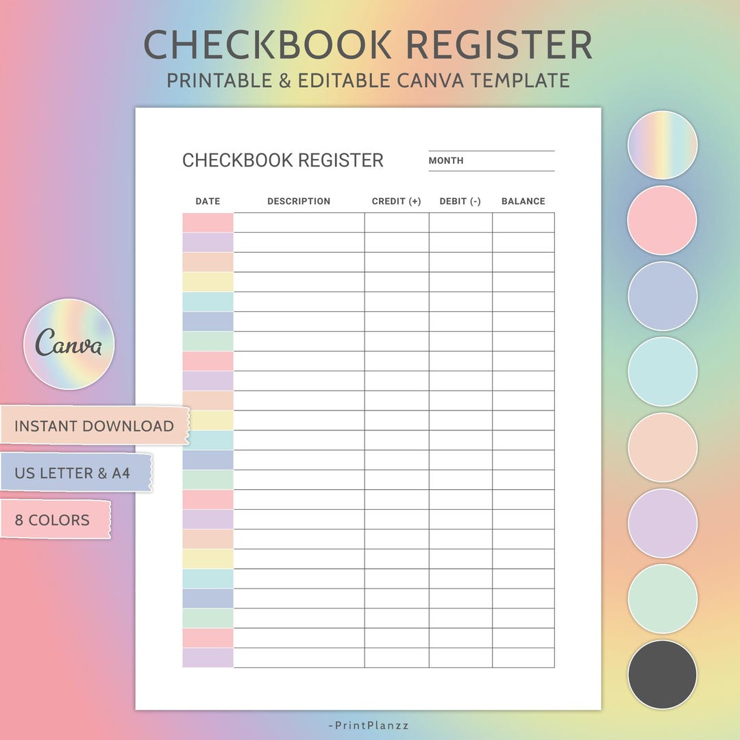 Checkbook Register Printable Bank Transaction Register Checkbook Log ...