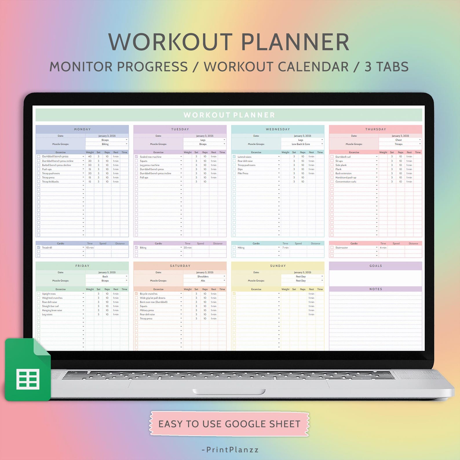 Workout Planner Google Sheets Exercise Tracker Fitness Planner Template ...