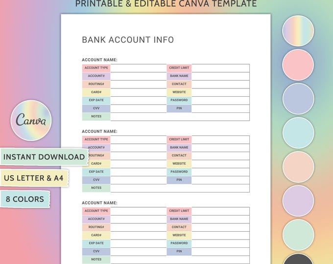 Printable Bank Account Info Sheet, Fillable PDF (5 Sizes) - Etsy Canada