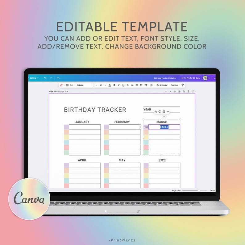 Birthday Tracker Printable Template Family Birthday Planner Editable ...