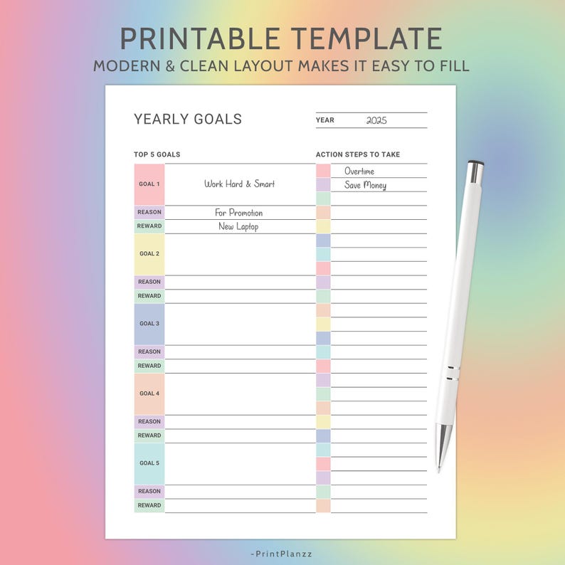 Yearly Goals Printable Template Editable Canva Template Yearly Goal ...