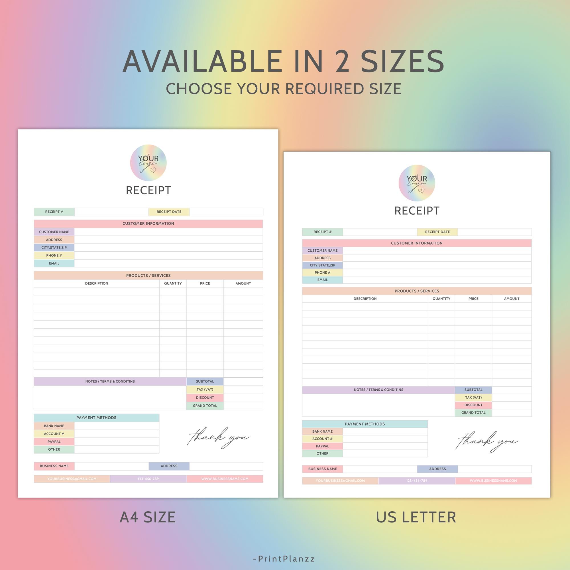 Editable Receipt Template Small Business Digital Receipt Form Customer ...