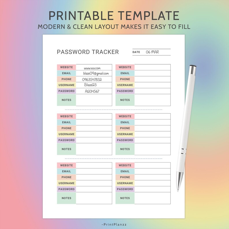Password Tracker Printable Password Log Password Keeper Password ...