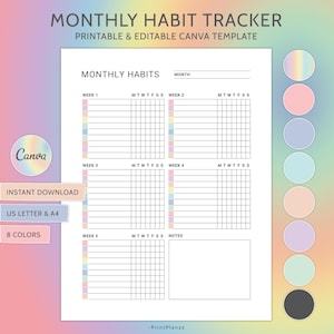 Monthly Habit Tracker Printable Editable Canva Template Digital Habit ...