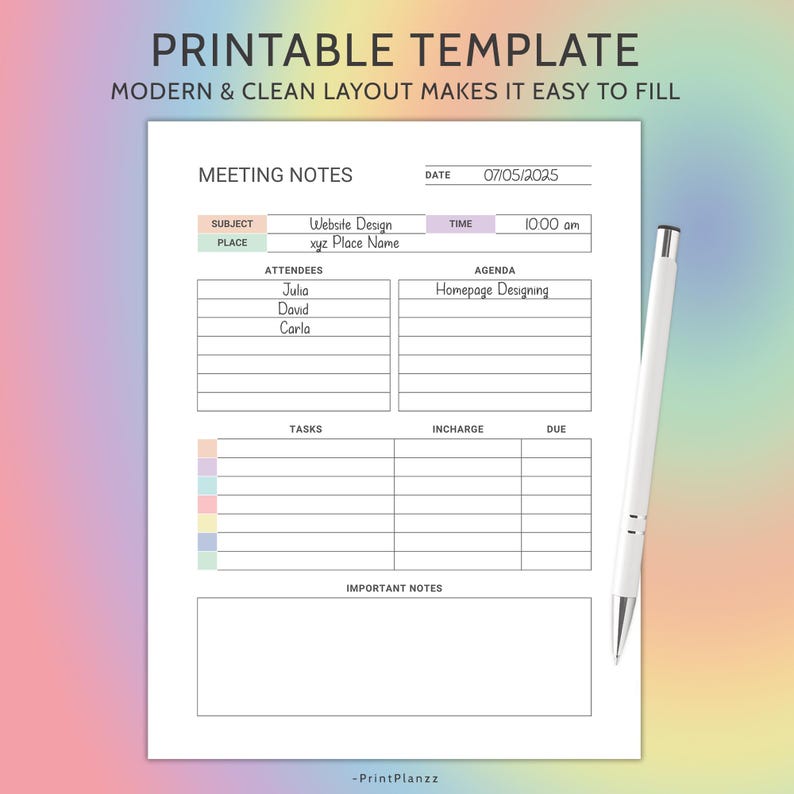 Meeting Notes Printable Meeting Minutes Template PDF Editable Meeting ...