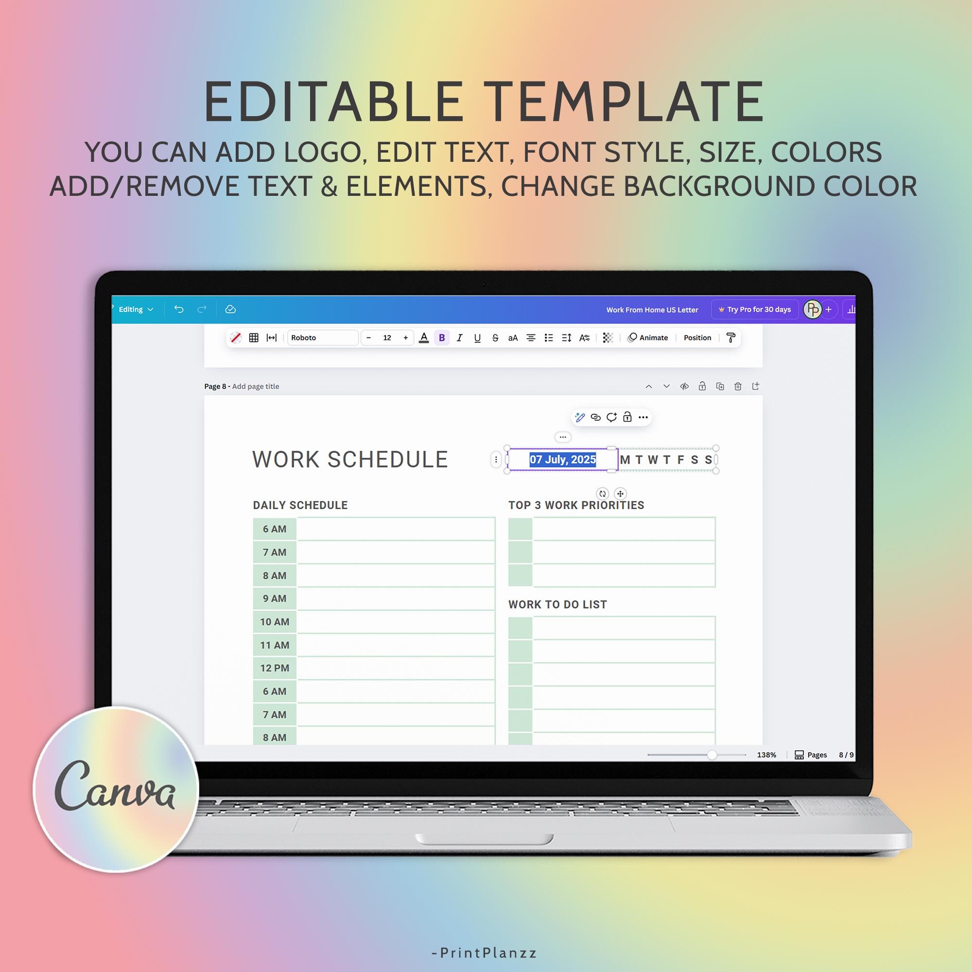Work From Home Planner Personal Daily Planner Daily Hourly Schedule ...