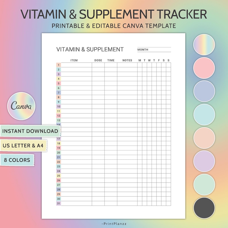 Daily Vitamin Tracker Supplement Tracker Editable Vitamin Supplement ...