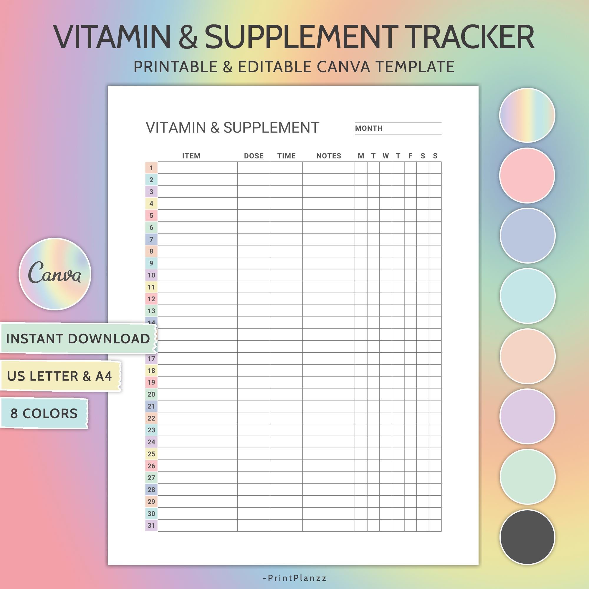 Daily Vitamin Tracker Supplement Tracker Editable Vitamin Supplement ...
