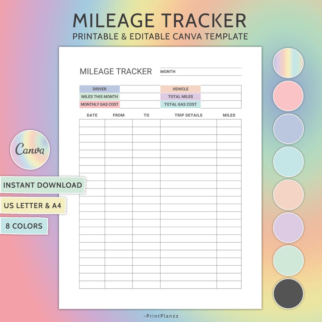 Mileage Tracker Printable Business Mileage Log Tracker Editable Work ...