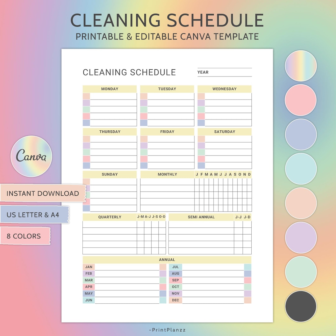 Cleaning Schedule Template Editable Cleaning Planner Weekly Cleaning ...