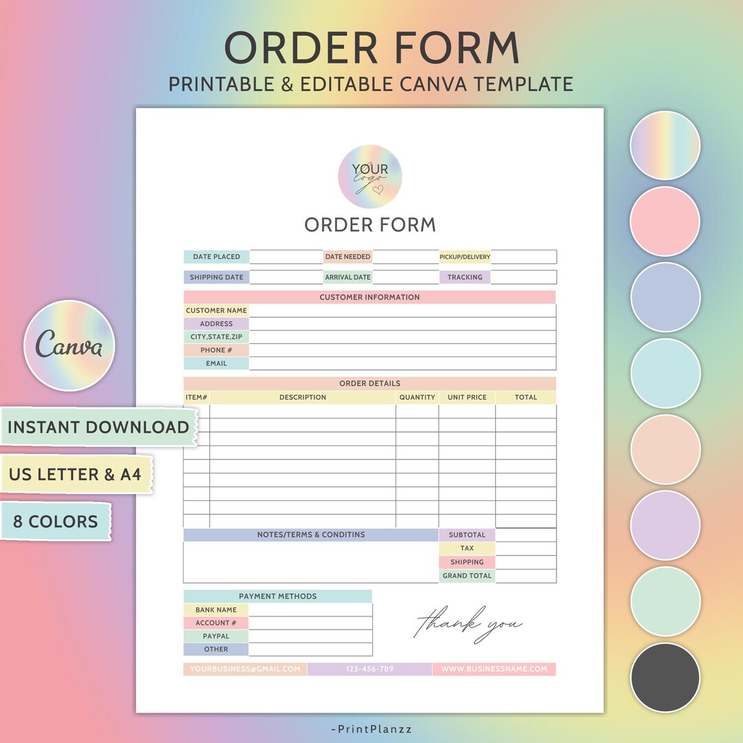 Order Form Template Editable Small Business Order Form Customer Order ...