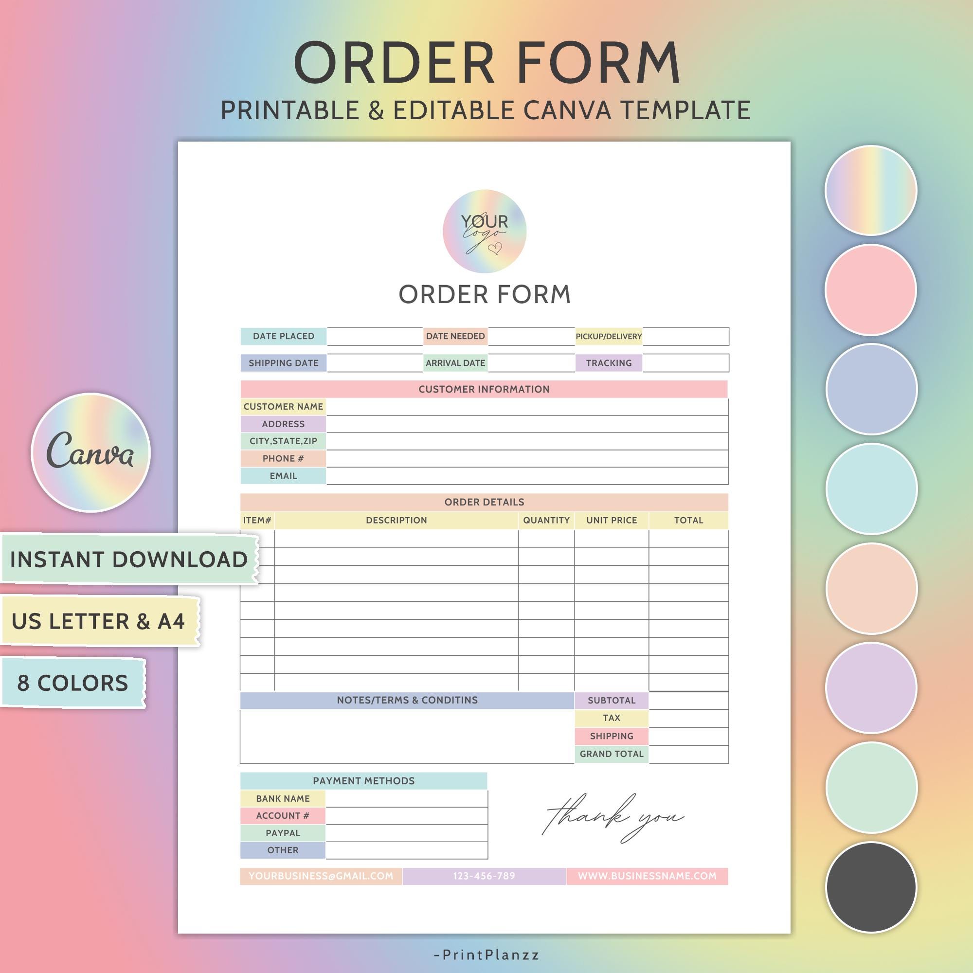 Order Form Template Editable Small Business Order Form Customer Order ...