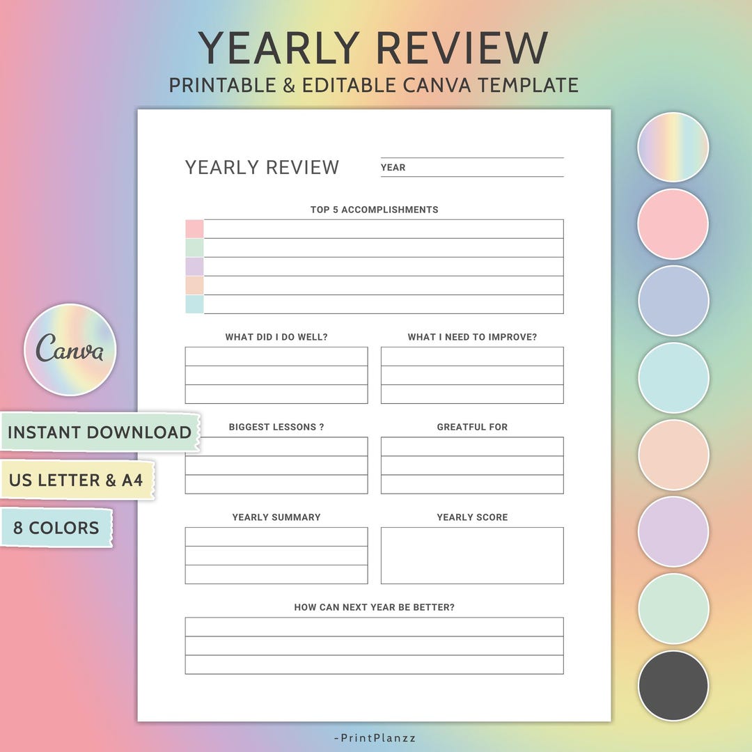 Yearly Review Template Yearly Reflection Annual Review Yearly Goals ...
