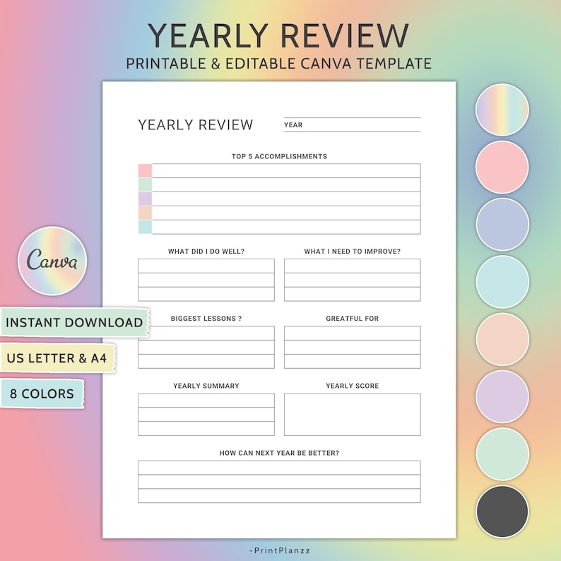 Yearly Review Template Yearly Reflection Annual Review Yearly Goals ...