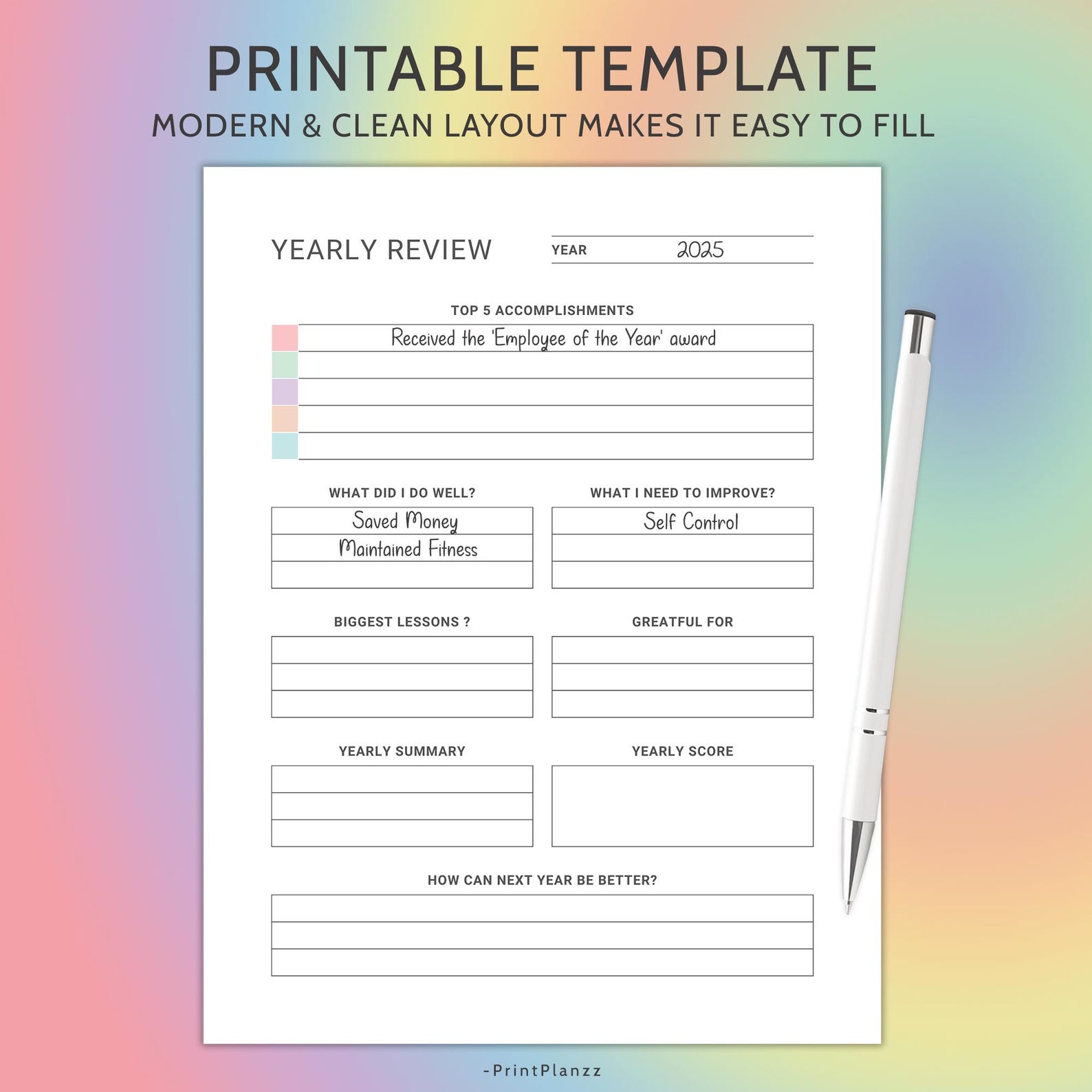 Yearly Review Template Yearly Reflection Annual Review Yearly Goals ...