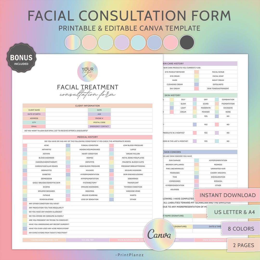 Facial Consultation Form Facial Intake Form Skincare Forms Editable ...
