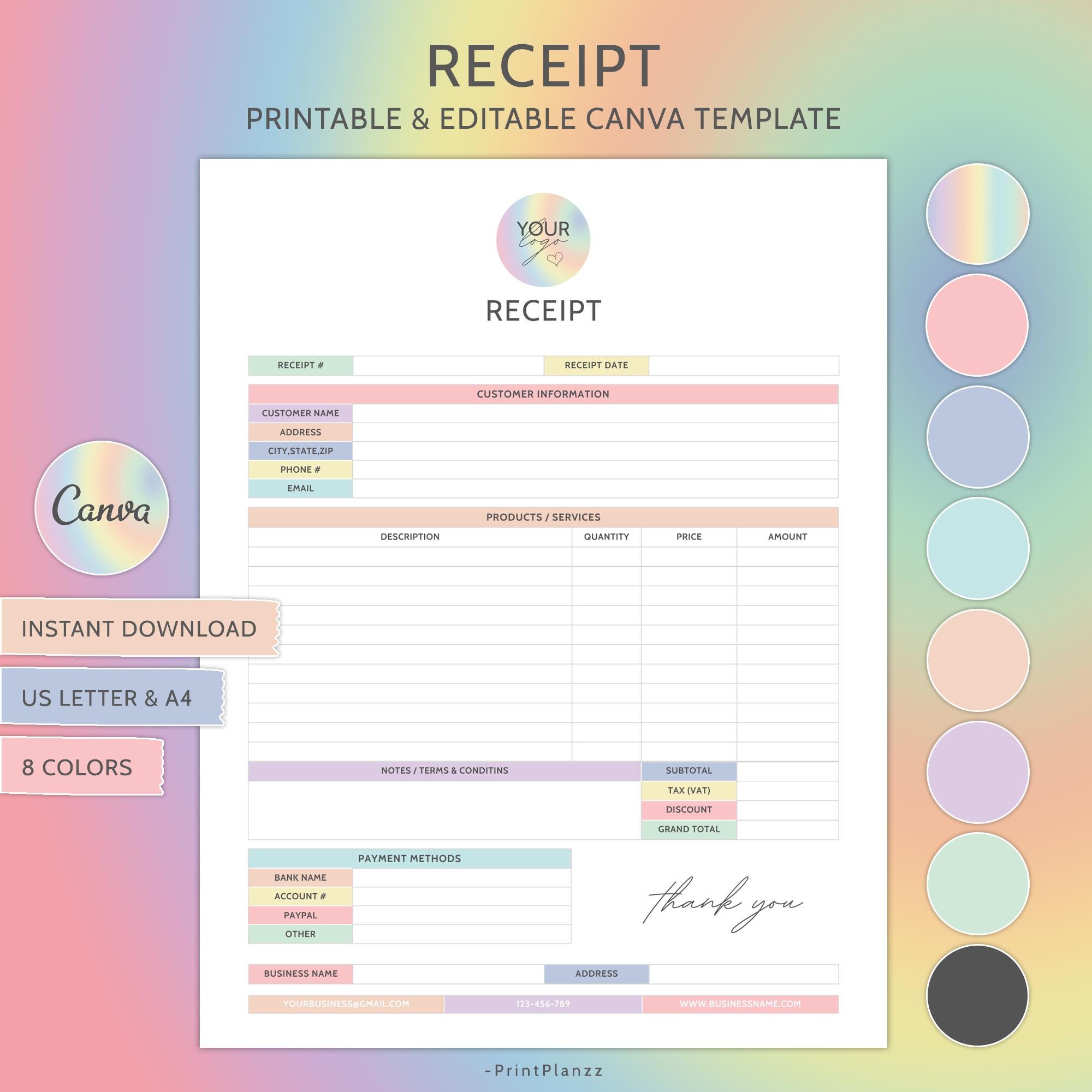 Editable Receipt Template Small Business Digital Receipt Form Customer Receipt Sales Receipt ...