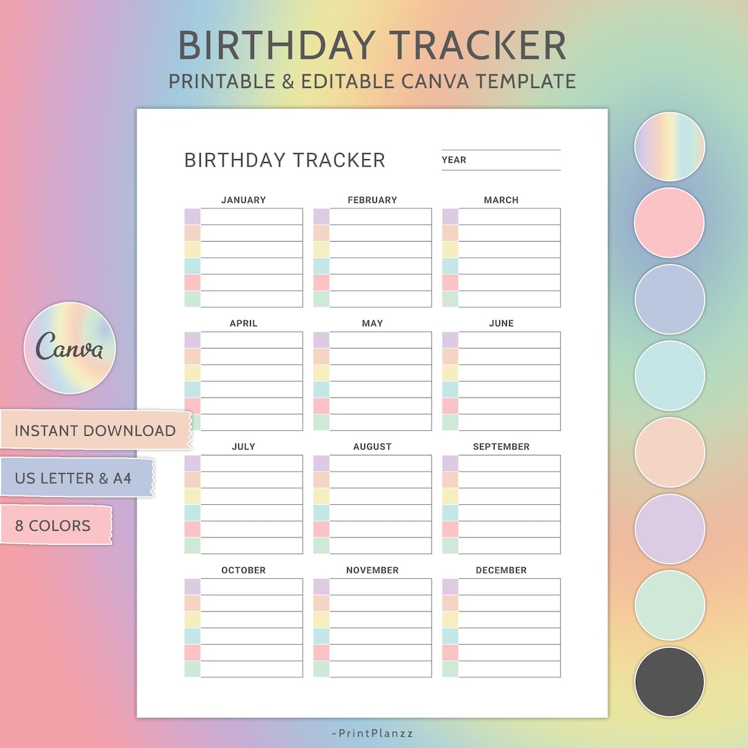 Birthday Tracker Printable Template Family Birthday Planner Editable ...