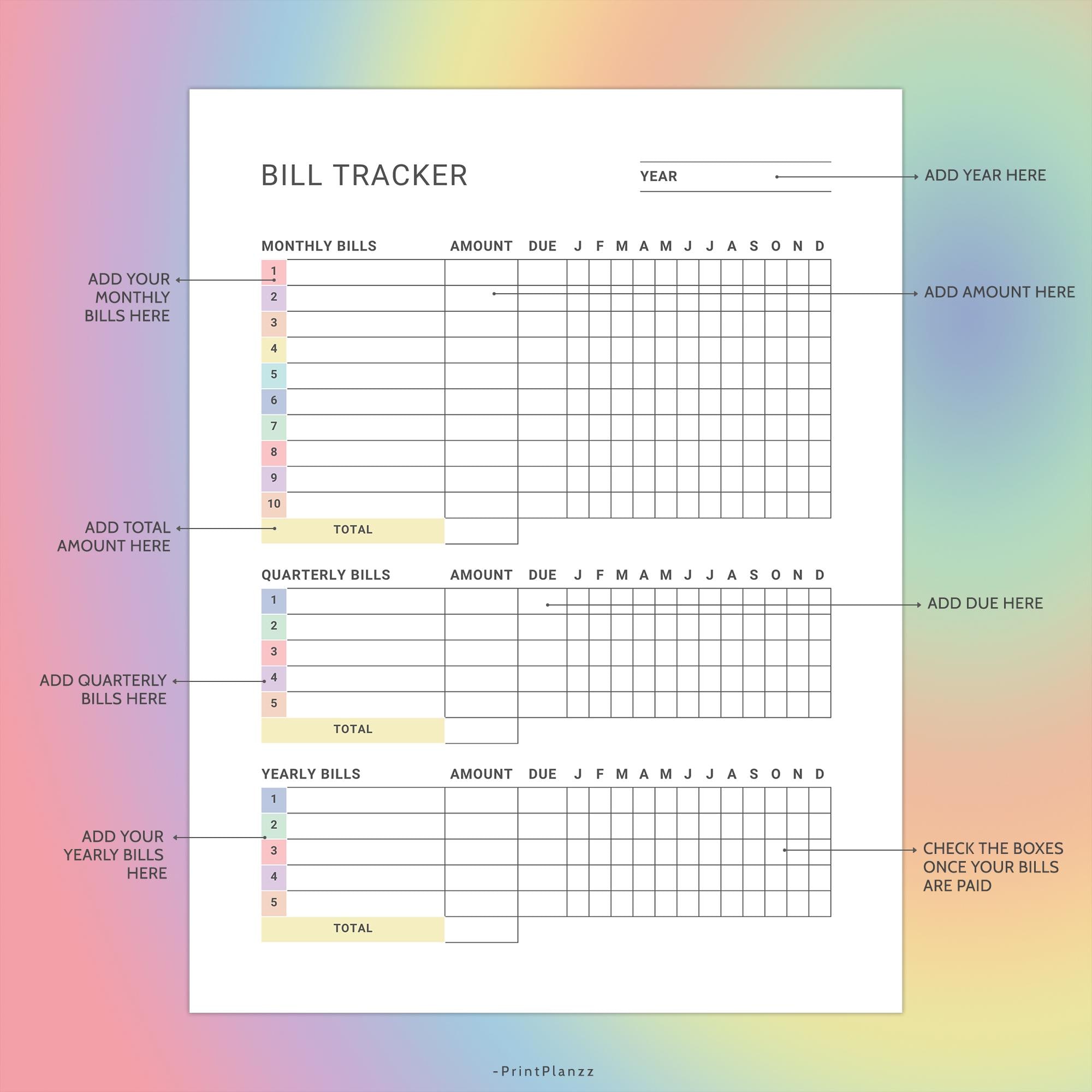 Bill Payment Tracker Printable Bill Tracker Bill Organizer & Checklist ...