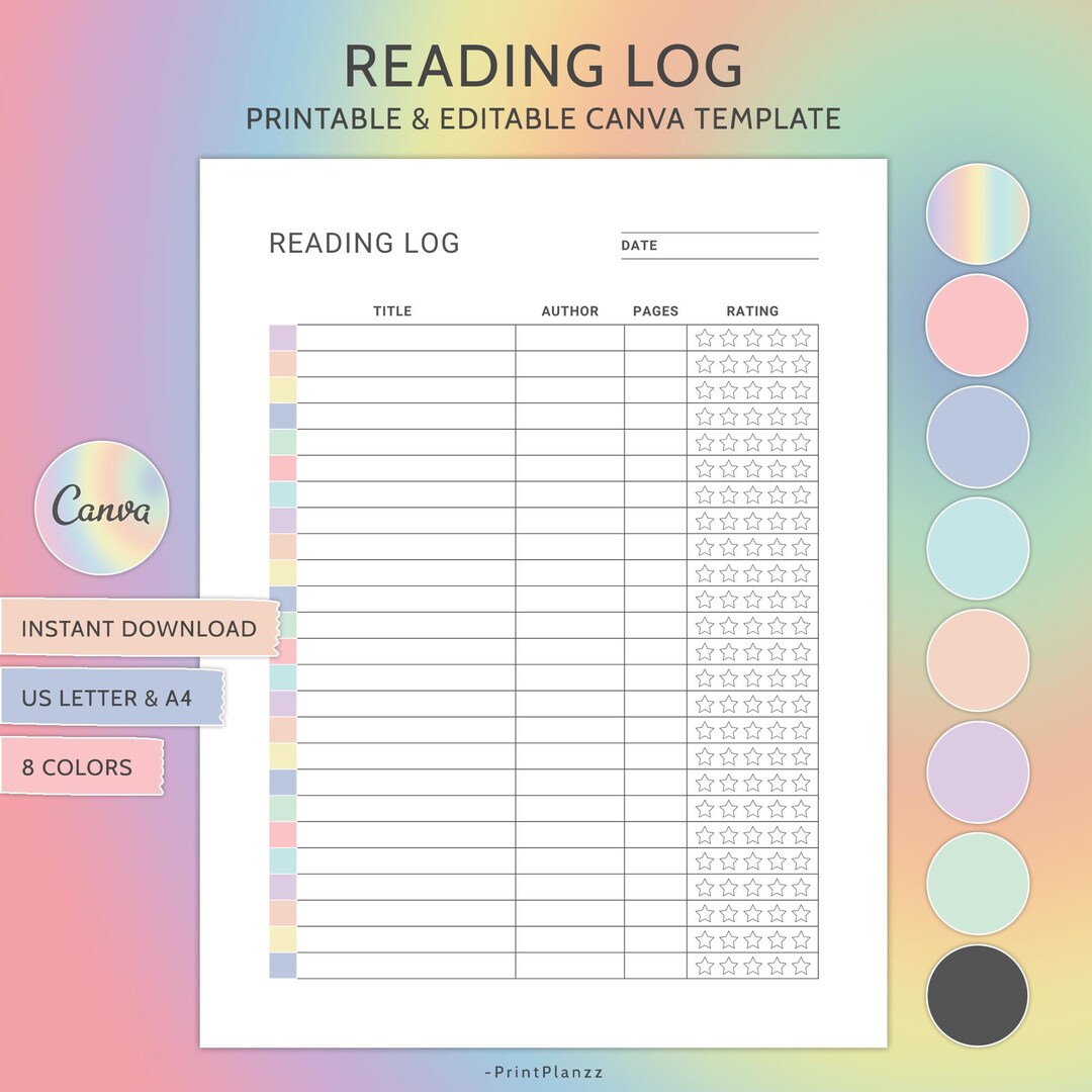 Reading Log Printable Journal Page Canva Editable Reading Tracker Books ...
