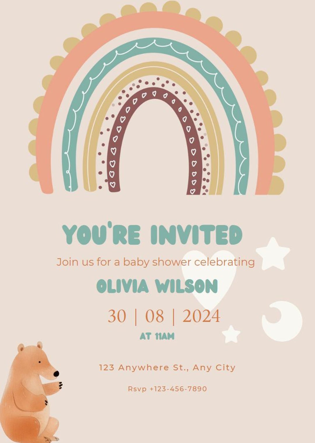 Boho Rainbow Bear Baby Shower Invitation, Gender Neutral digital ...