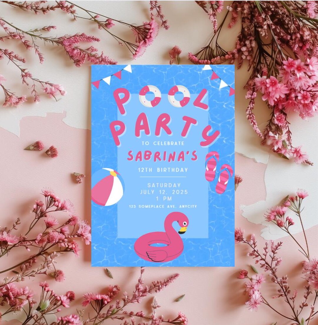 Cute Summer Editable Pool Party Invite, Editable Birthday Party ...