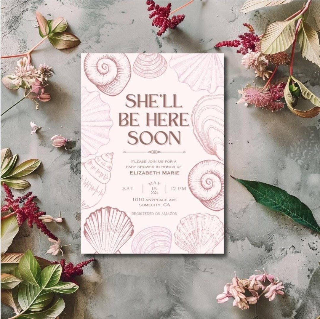 She'll Be Here Soon Pink Sea Shell Beach Baby Shower Invite Template ...