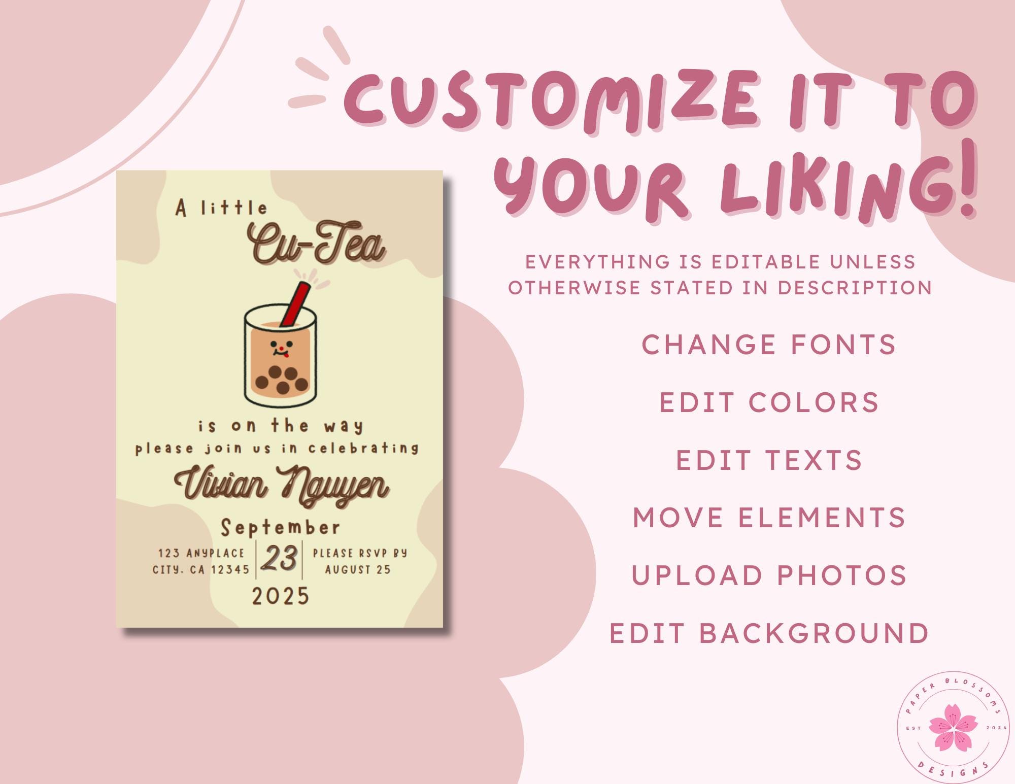 Boba Tea Baby Shower Invite Template, A Little Cu-tea is on the Way ...