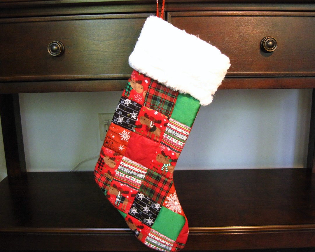 Reindeer Christmas Stocking, Traditional Stocking, Patchwork Quilted ...