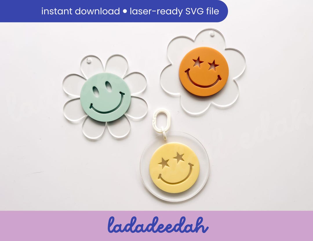 Retro Smiley Flower Keychain Bag Tag Laser SVG File - Commercial Use - Etsy