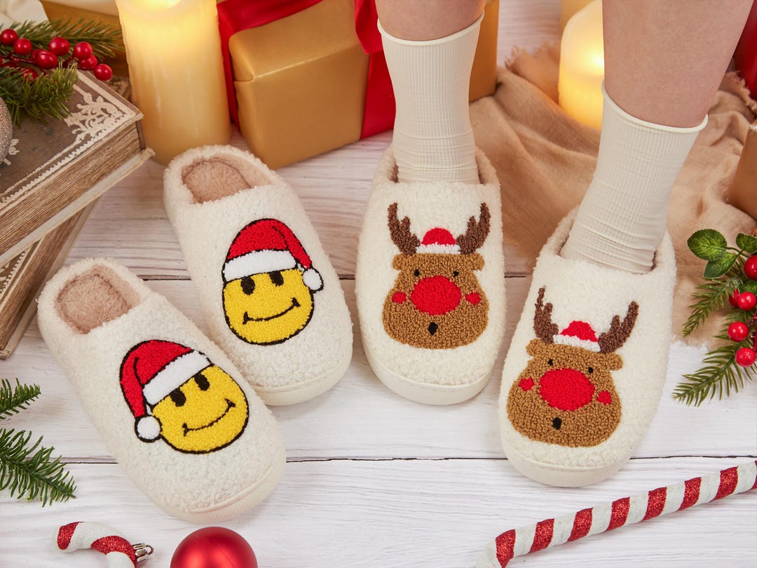 Cute Reindeer Christmas House Slippers,xmas Fluffy Home Slides,reindeer ...
