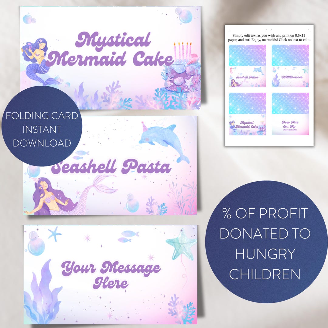 Mermaid Food Labels Tabletop Sign Party Purple Teal Cute Party Theme ...