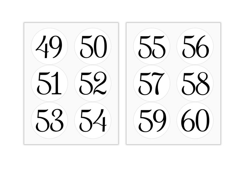NUMBERS #1-#60 STICKERS Sequential, Large 3-1/3" Circle Labels ...