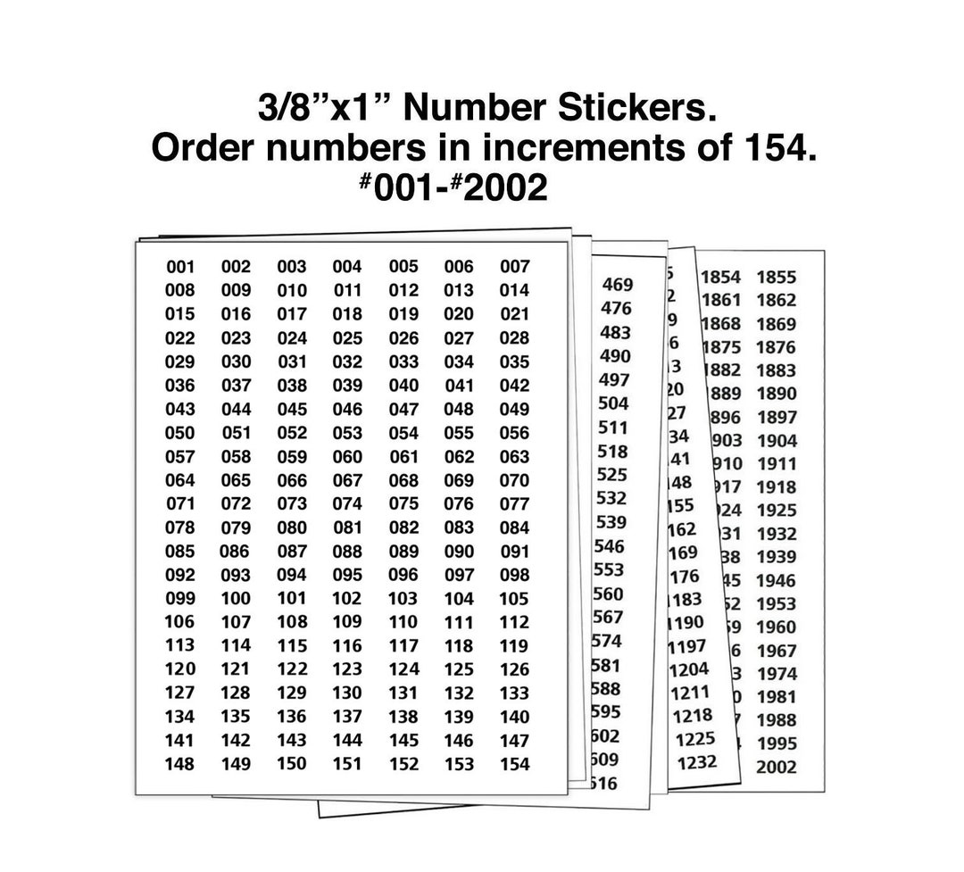 NUMBERS #001-#2002 STICKERS 3/8"x1" White Matte Label,consecutive,sequential,number Sticker,self ...