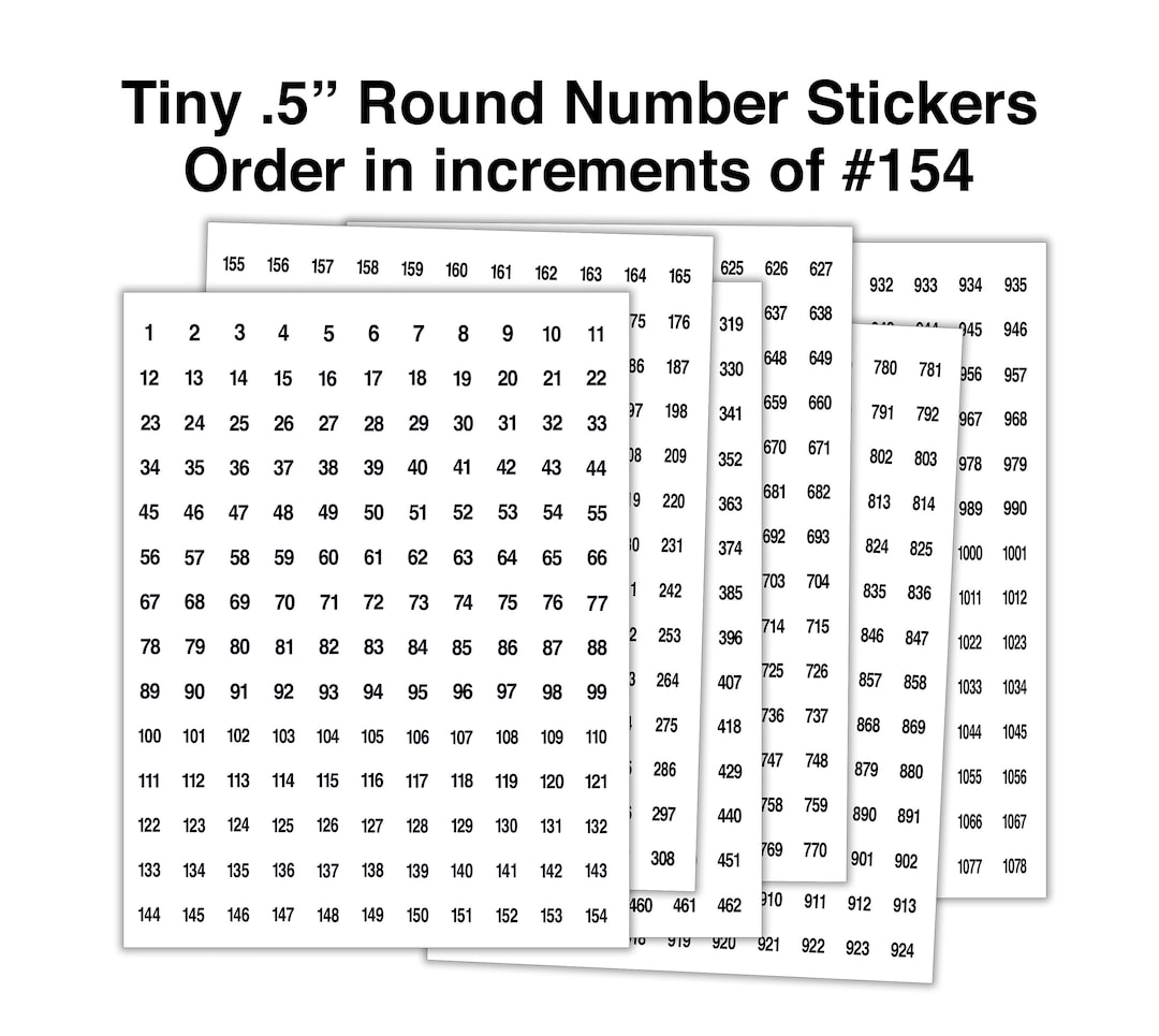 Increments of 154-STICKER NUMBERS #1-#1078, Sequential White~tiny 1/2 ...